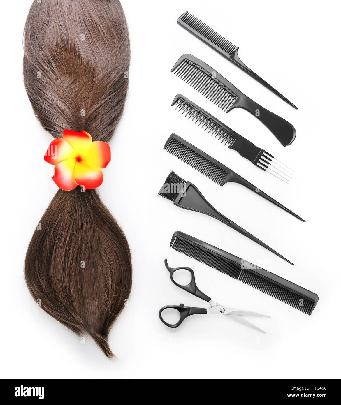 Barber set with strand of hair and tools, isolated on white Stock Photo ...
