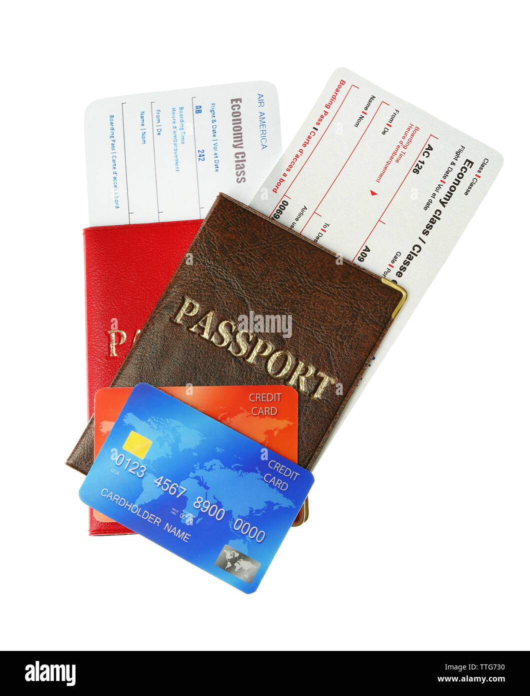 Credit cards with passports and tickets isolated on white Stock Photo ...