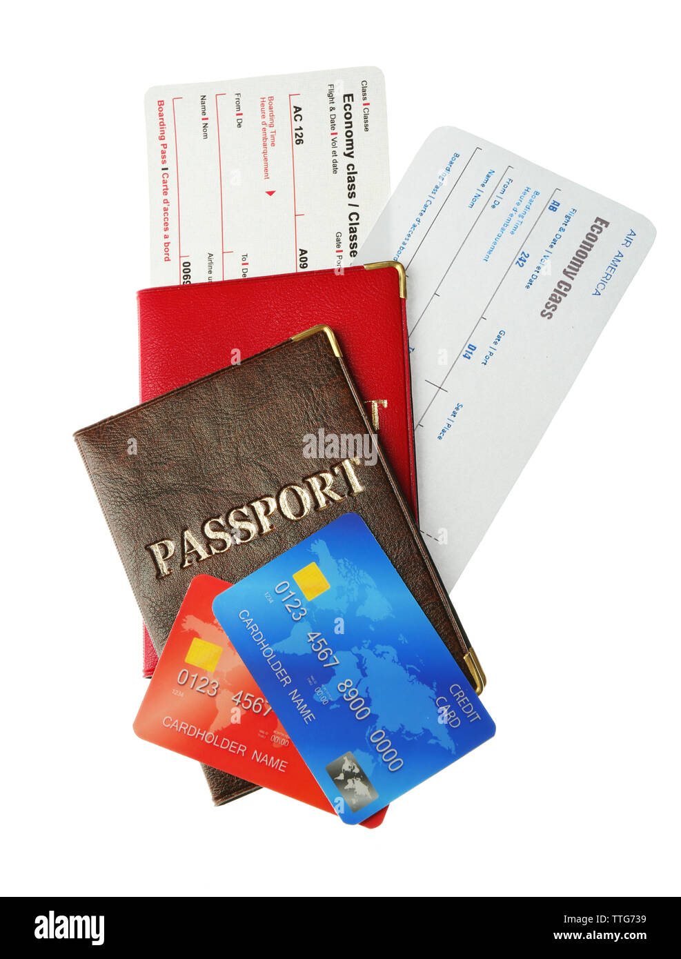 Credit cards with passports and tickets isolated on white Stock Photo ...