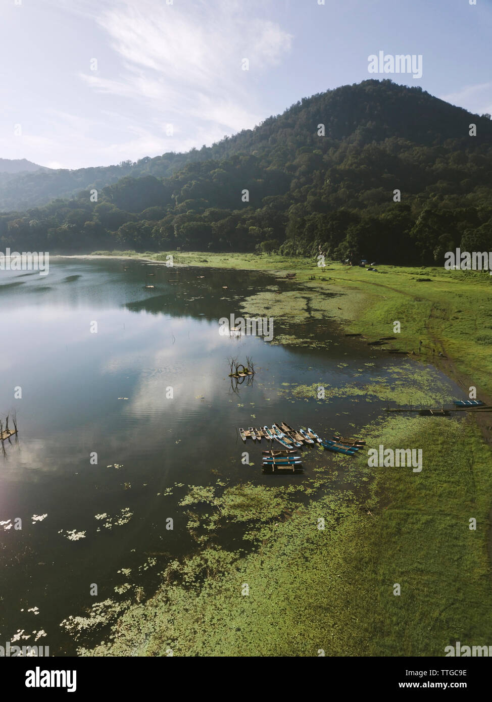 Aerial view of boats at Tamblingan lake Stock Photo - Alamy
