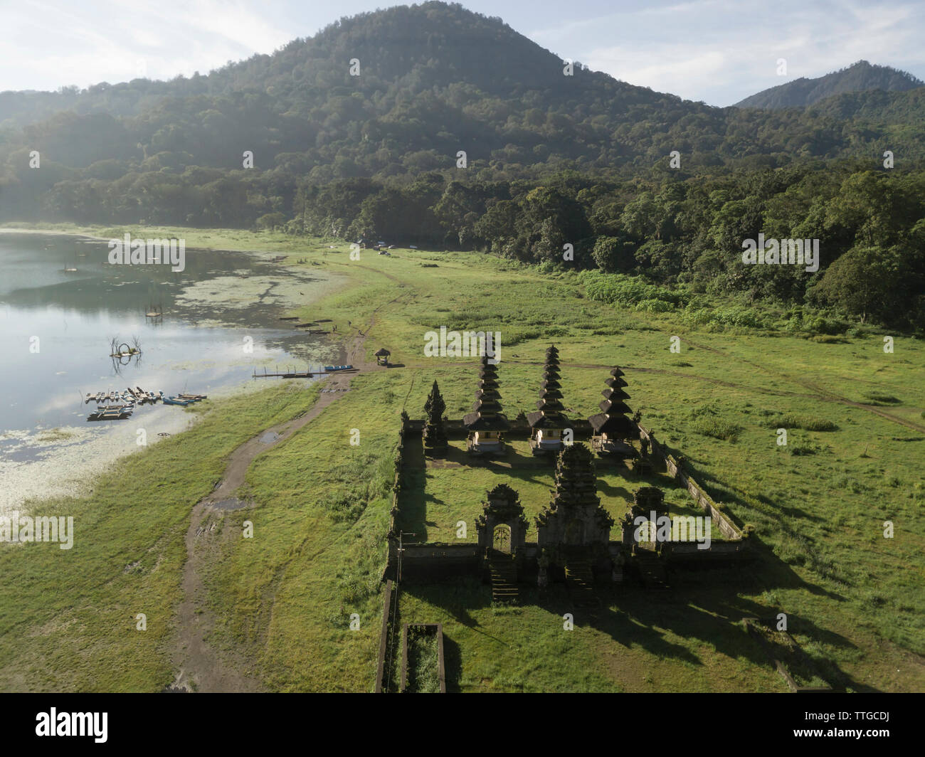 Aerial view of Balinese temple at Tamblingan lake, Bali, Indonesia ...