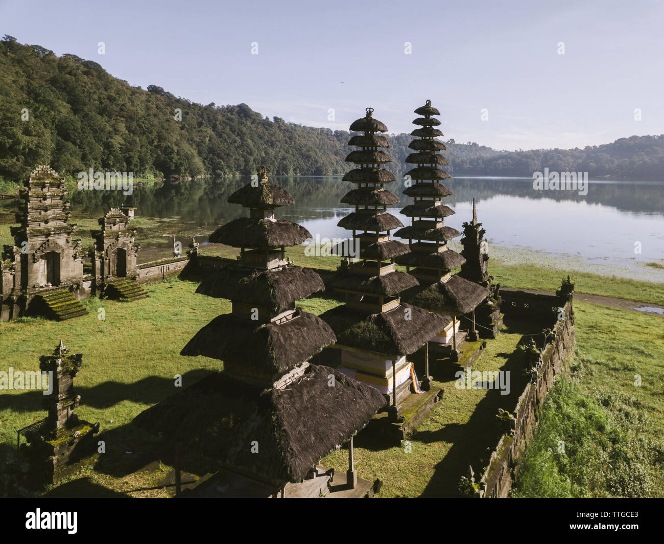 Aerial view of Balinese temple at Tamblingan lake, Bali, Indonesia ...