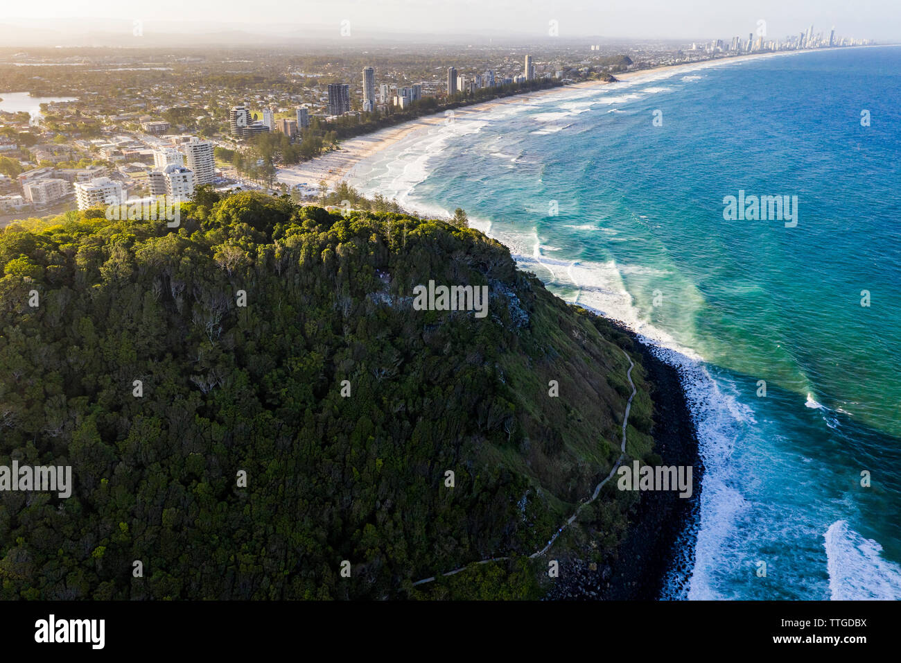 Aerial view of a coastal headland and beach, Burleigh Heads Australia ...