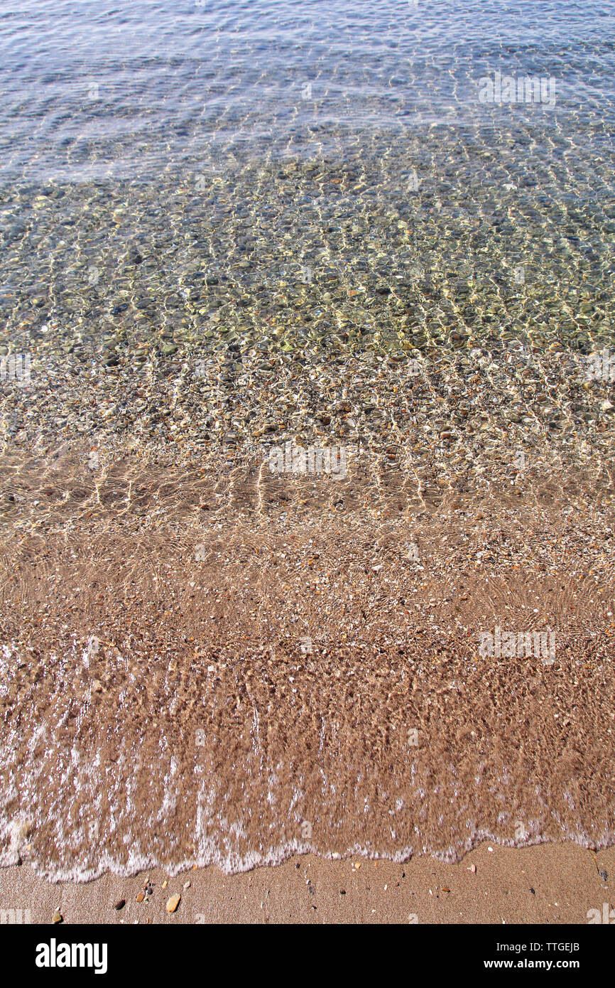Exotic sandy beach, tropical blue mediterranean sea with waves and sea ...