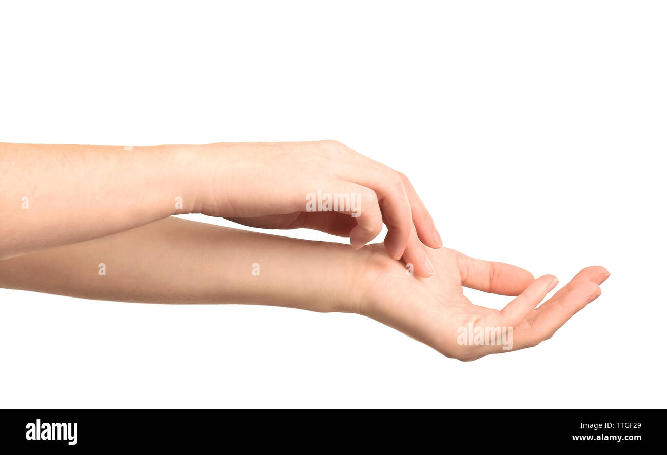 Beautiful female hands applying hand cream, isolated on white Stock ...