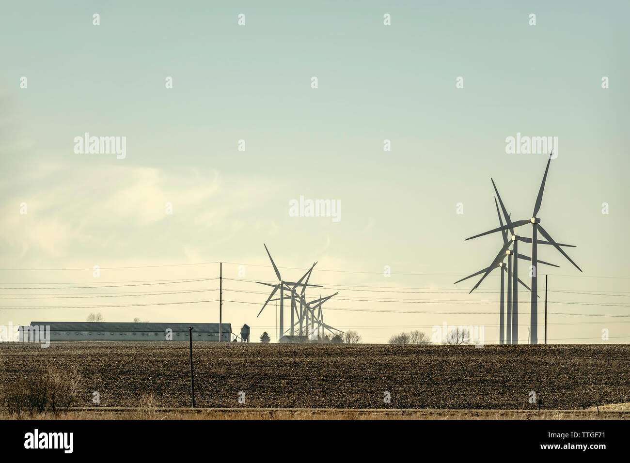 Wind turbines rotating above farm field in the American Midwest Stock ...