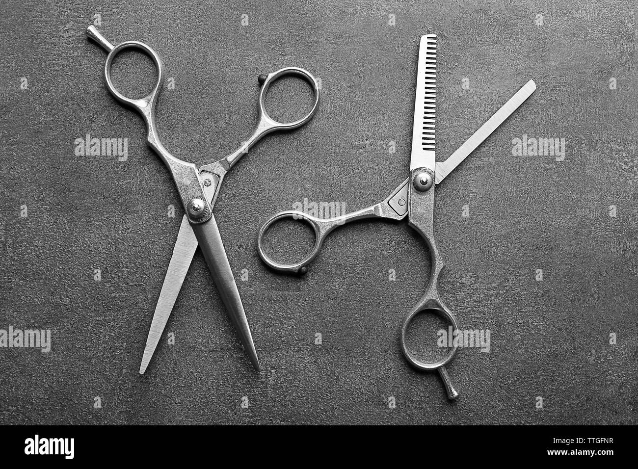 Professional metal scissors on a dark grey surface, top view Stock ...