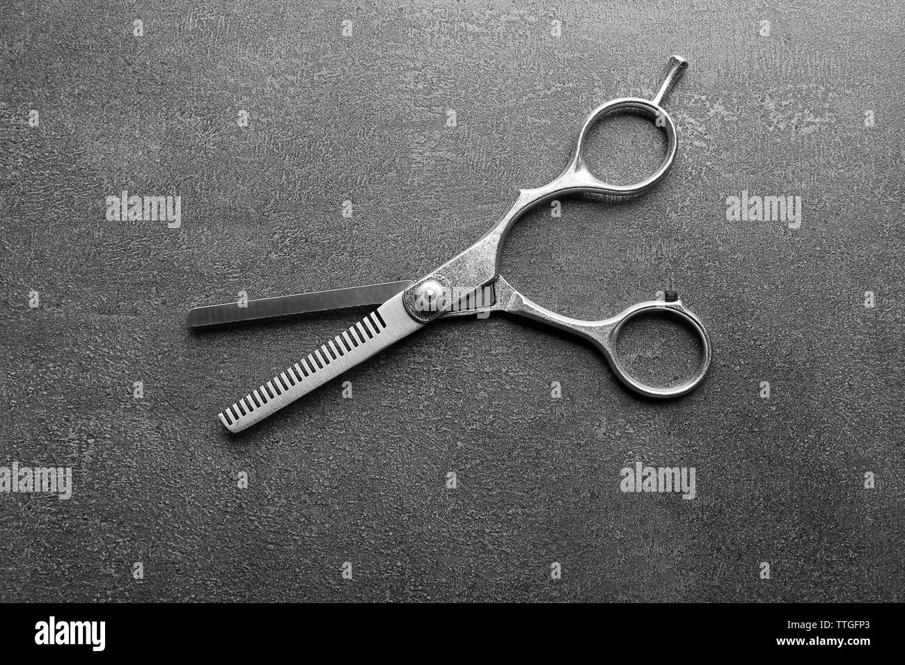 Professional metal scissors on a dark grey surface, top view Stock ...