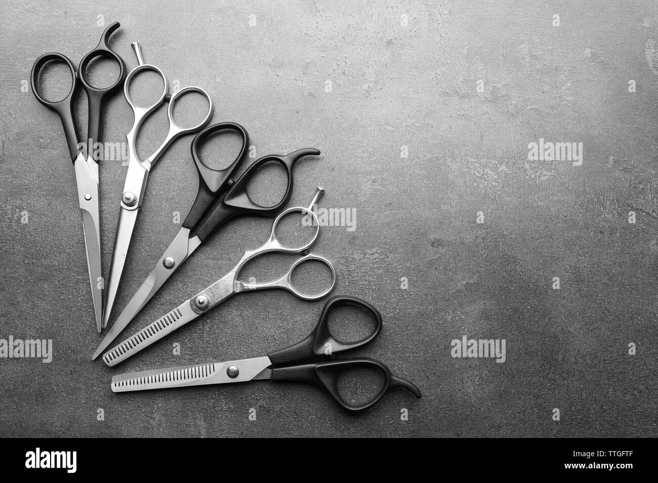 Professional metal scissors on a dark grey surface, top view Stock ...