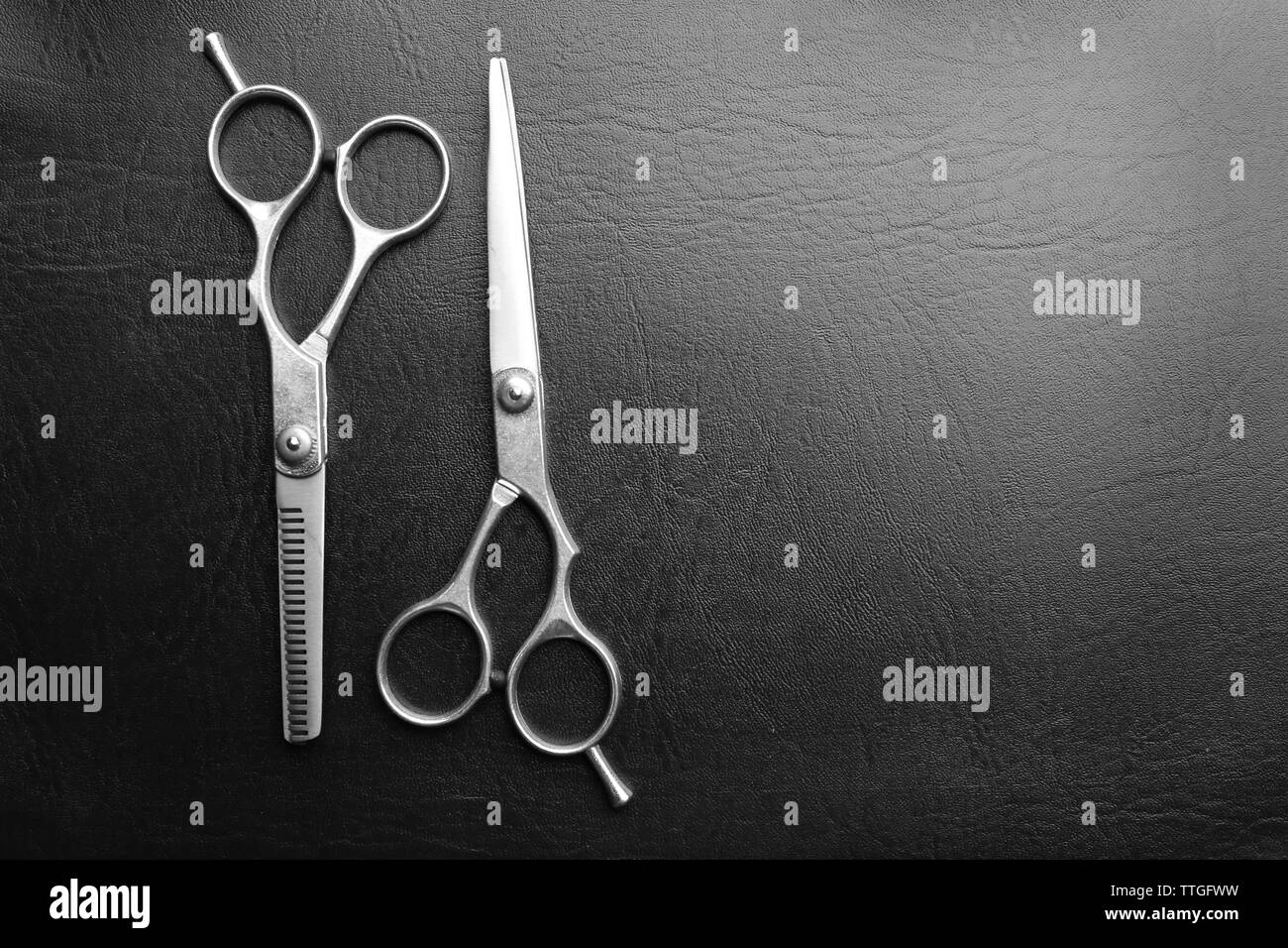 Professional metal scissors on a dark grey surface, top view Stock ...