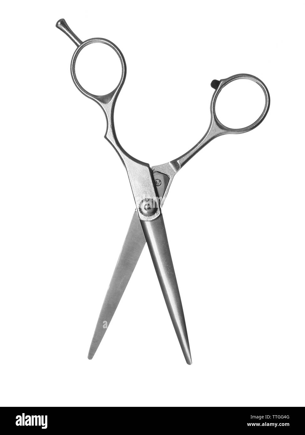 Professional metal scissors in open position isolated on white Stock ...
