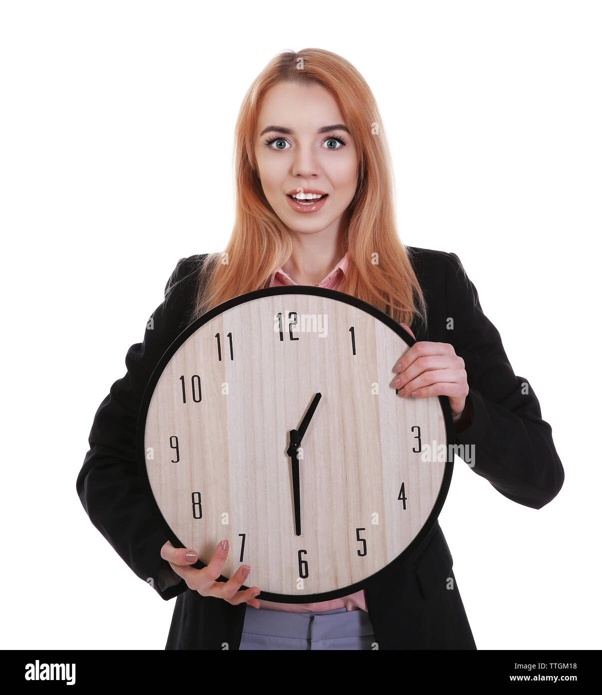 Beautiful young girl holding clock, isolated on white Stock Photo - Alamy