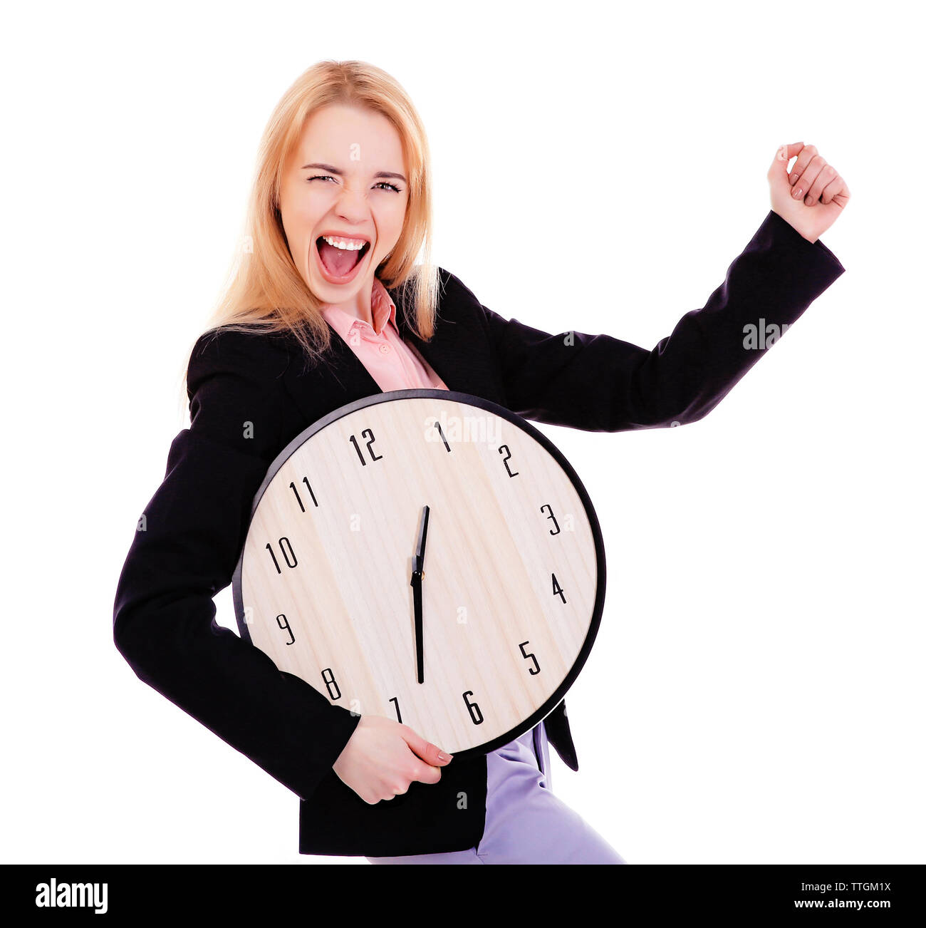 Beautiful young girl holding clock, isolated on white Stock Photo - Alamy
