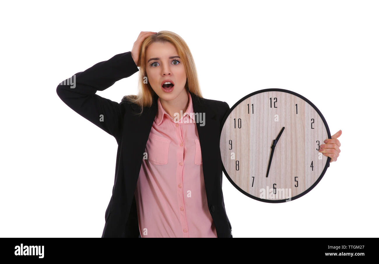 Beautiful young girl holding clock, isolated on white Stock Photo - Alamy