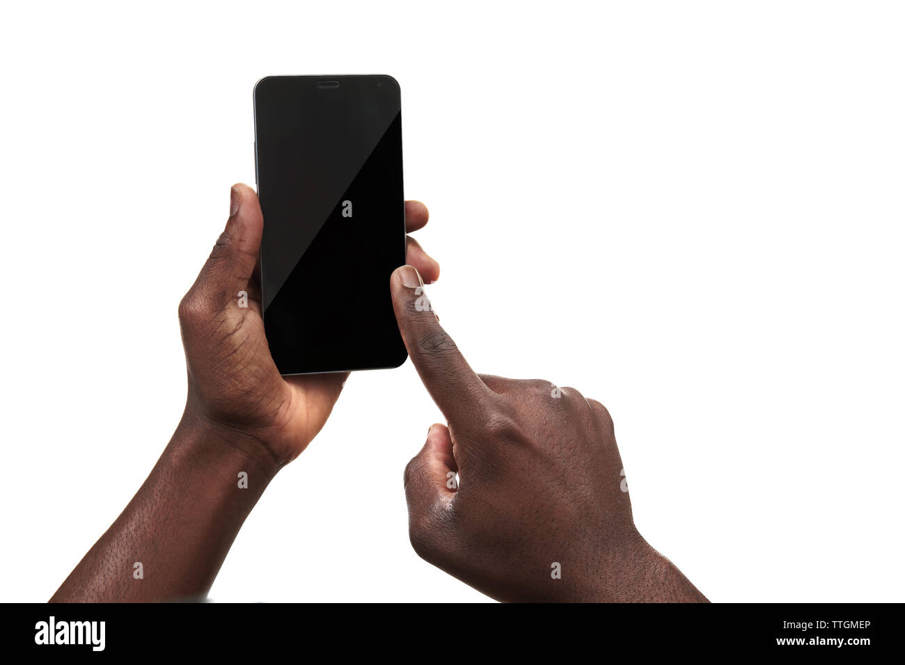 Male hand holding a smartphone isolated on white Stock Photo - Alamy