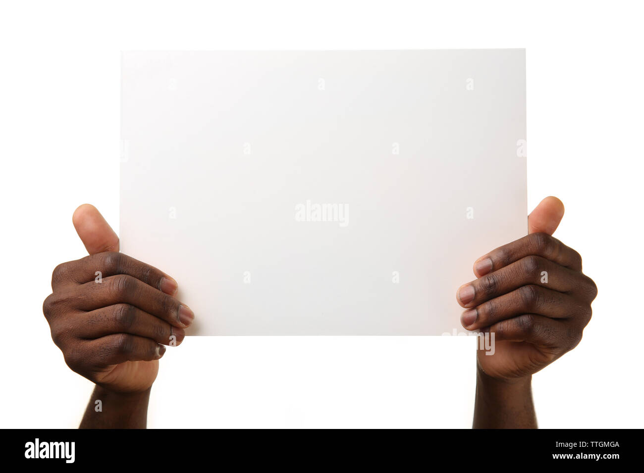 Male hands holding sheet of paper isolated on white Stock Photo - Alamy