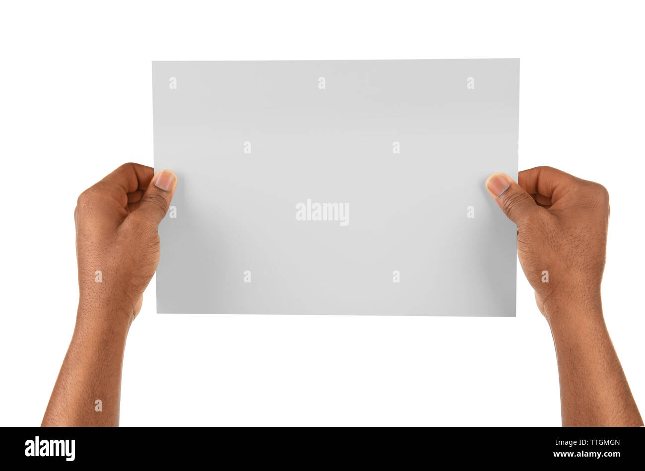 Male hands holding sheet of paper isolated on white Stock Photo - Alamy