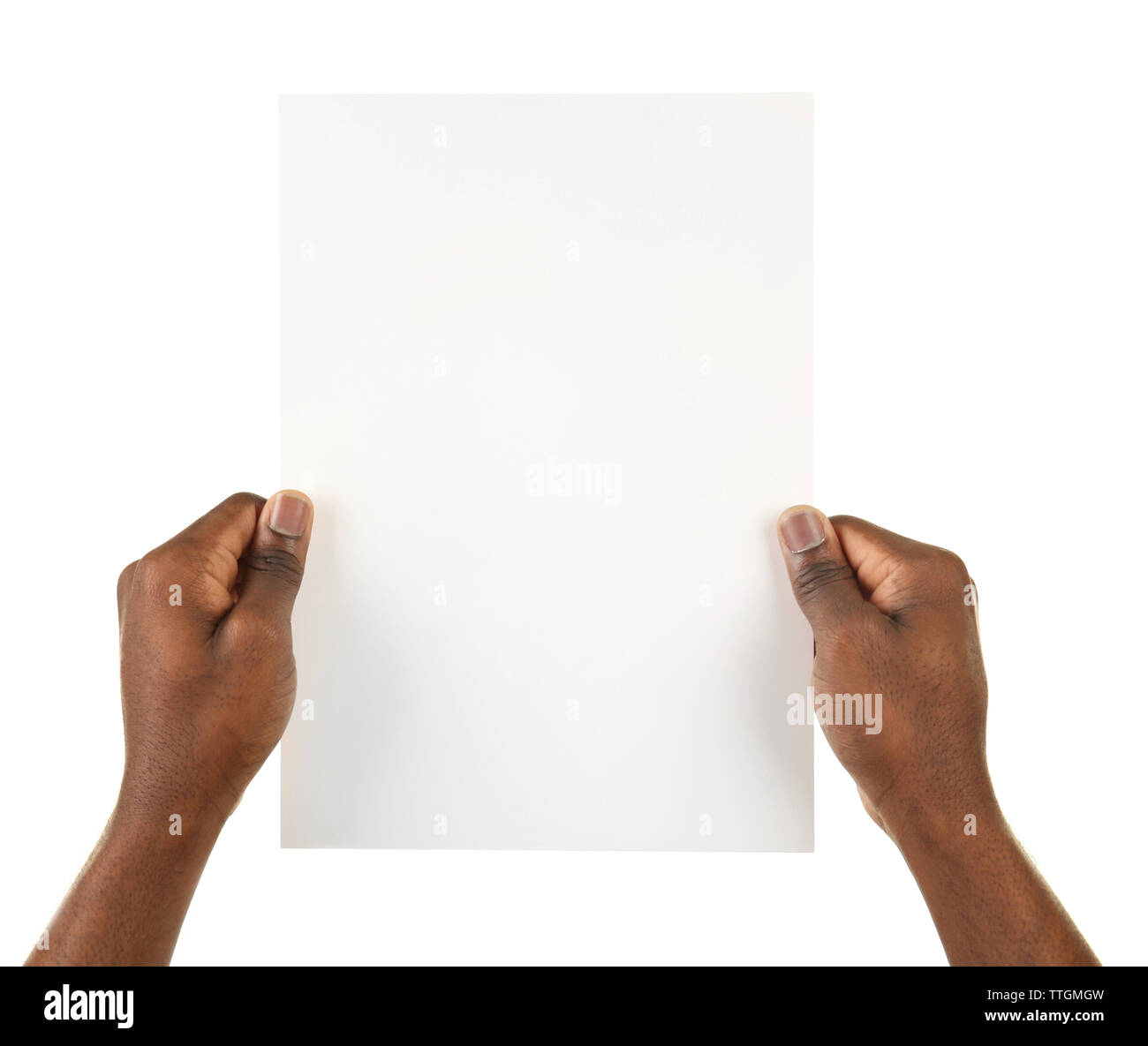 Male hands holding sheet of paper isolated on white Stock Photo - Alamy