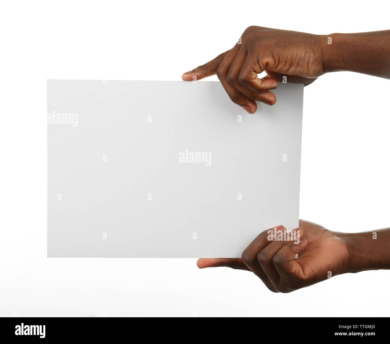 Male hands holding sheet of paper isolated on white Stock Photo - Alamy