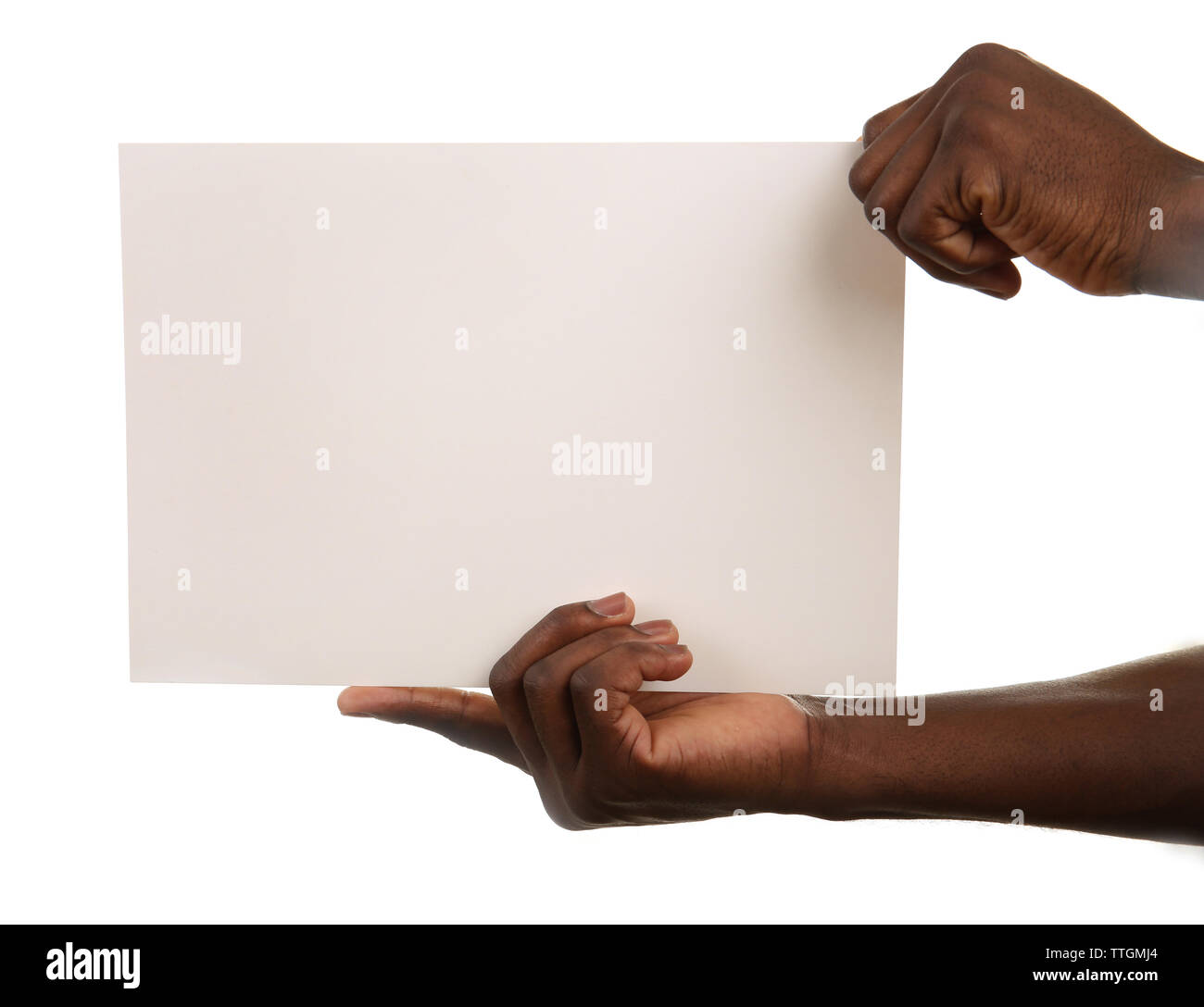 Male hands holding sheet of paper isolated on white Stock Photo - Alamy
