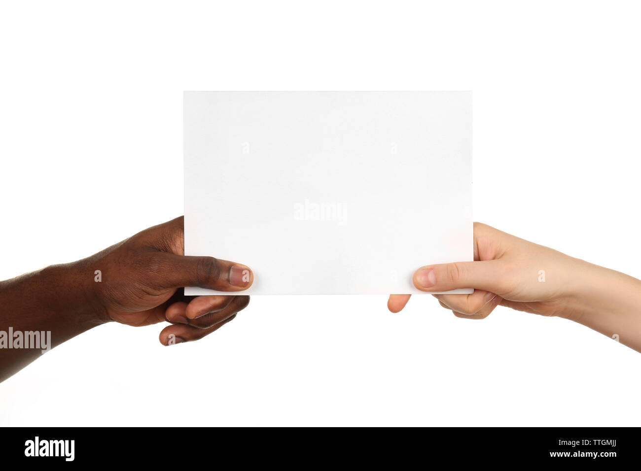 Male hands holding sheet of paper isolated on white Stock Photo - Alamy