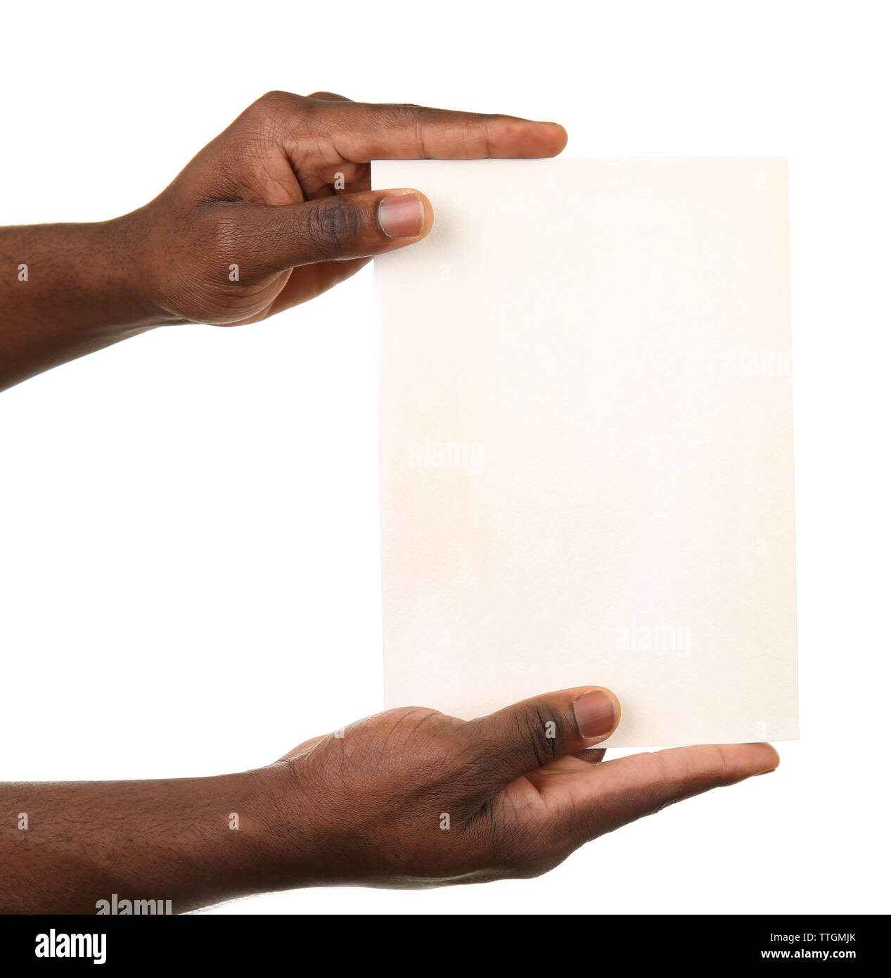 Male hands holding sheet of paper isolated on white Stock Photo - Alamy