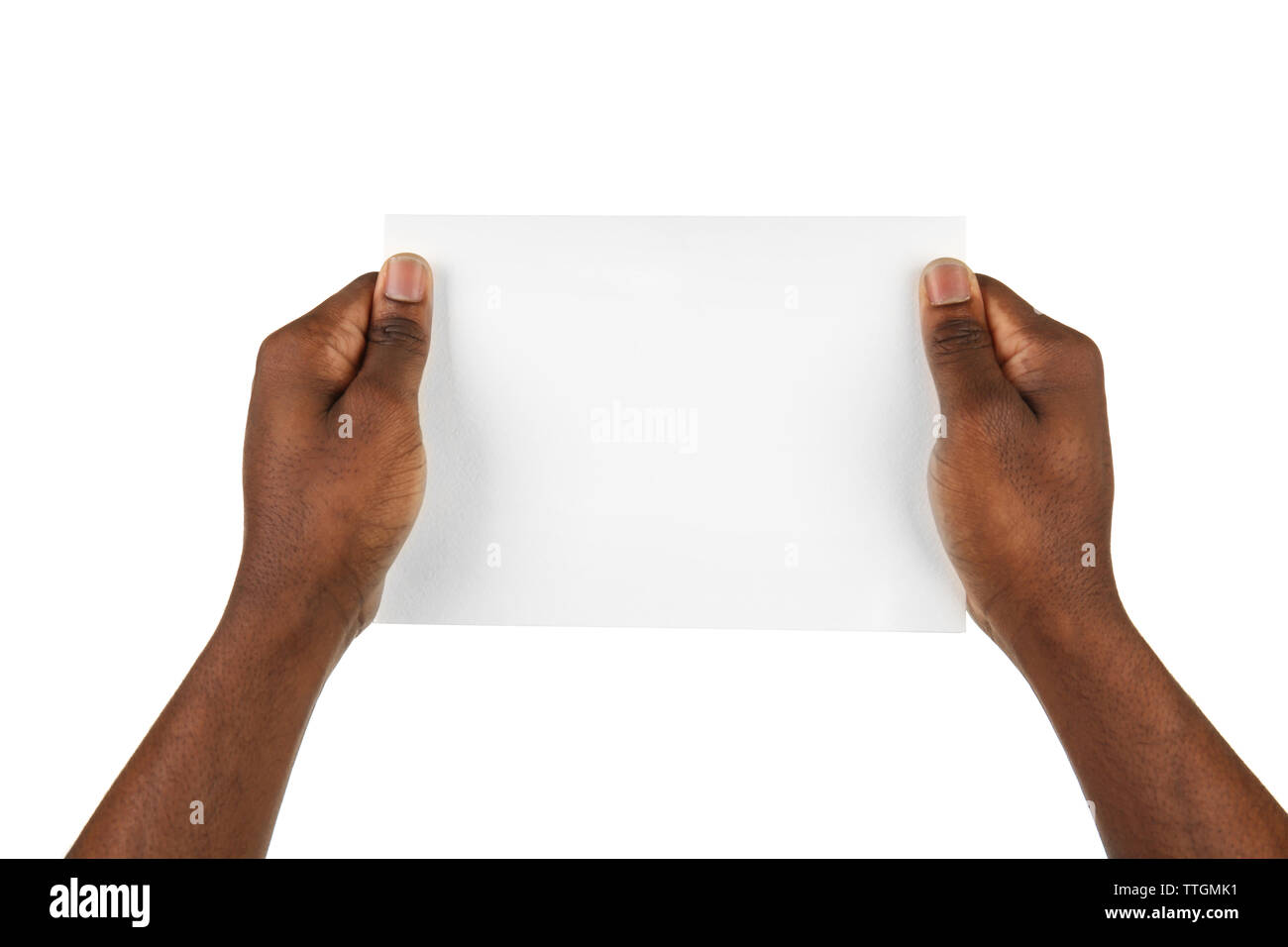 Male hands holding sheet of paper isolated on white Stock Photo - Alamy