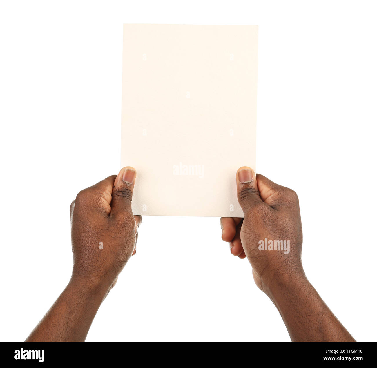 Male hands holding sheet of paper isolated on white Stock Photo - Alamy