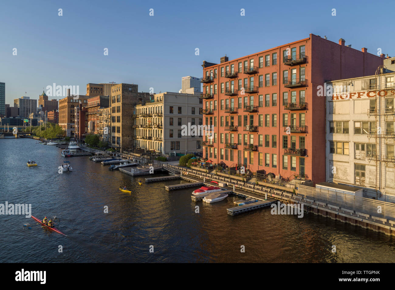 Boats on Milwaukee River, Old Third Ward, Milwaukee Wisconsin Stock ...