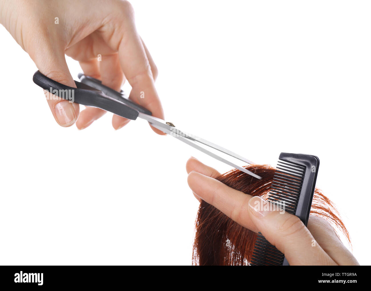 Hairdresser's hands with scissors cutting red strand of hair, isolated ...