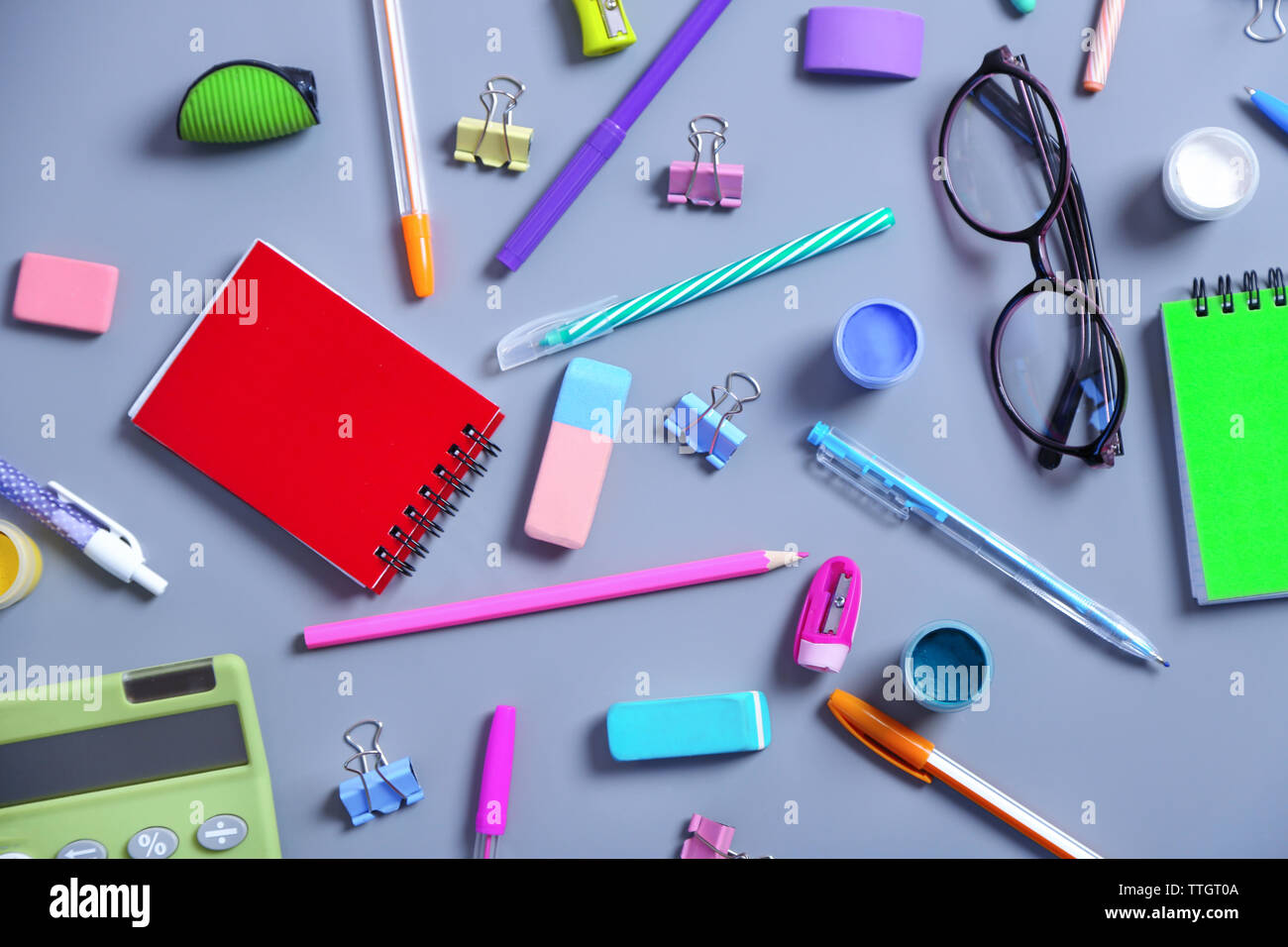 Set of stationery on grey table, top view Stock Photo - Alamy