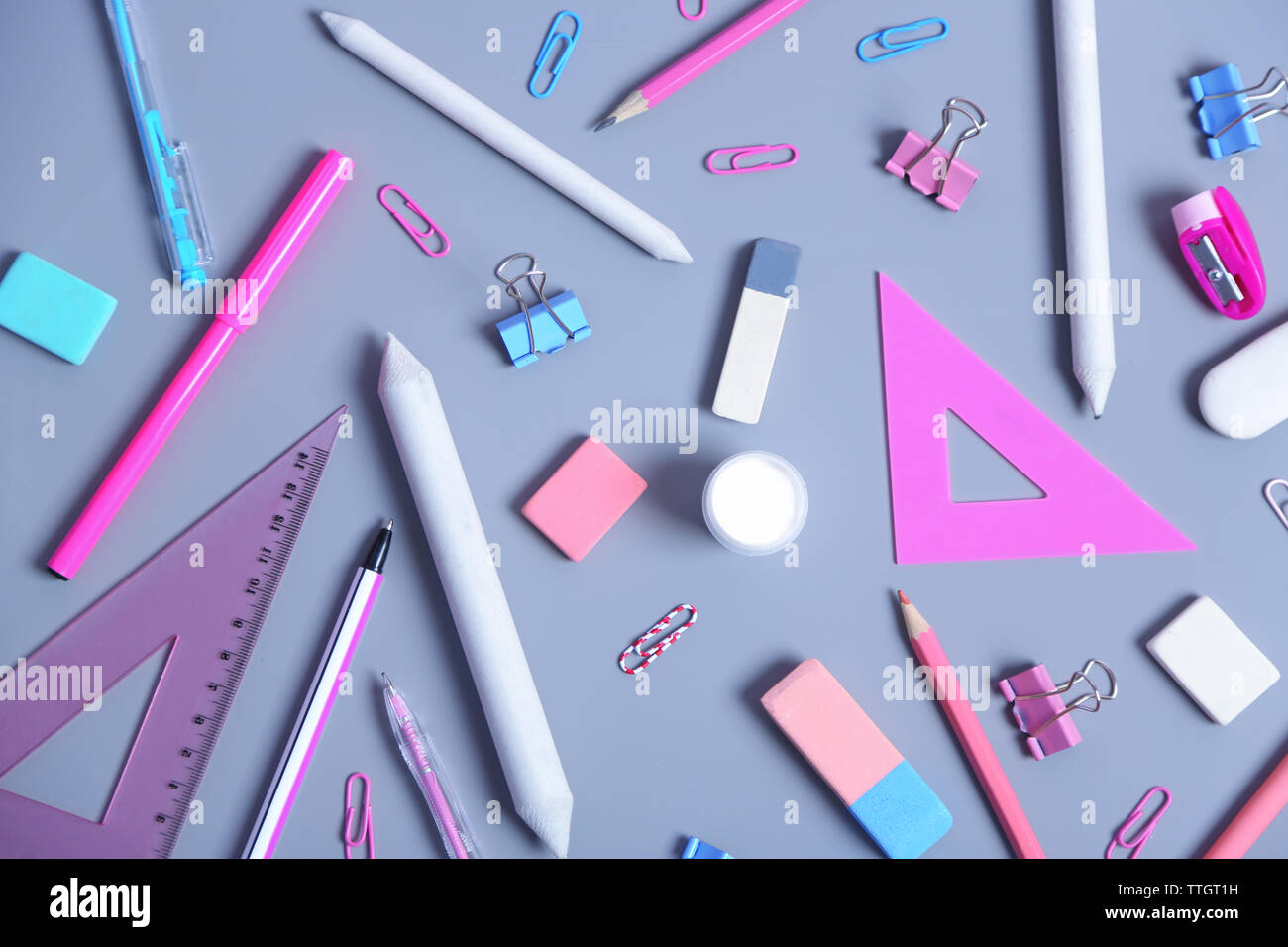 Set of stationery on grey table, top view Stock Photo - Alamy
