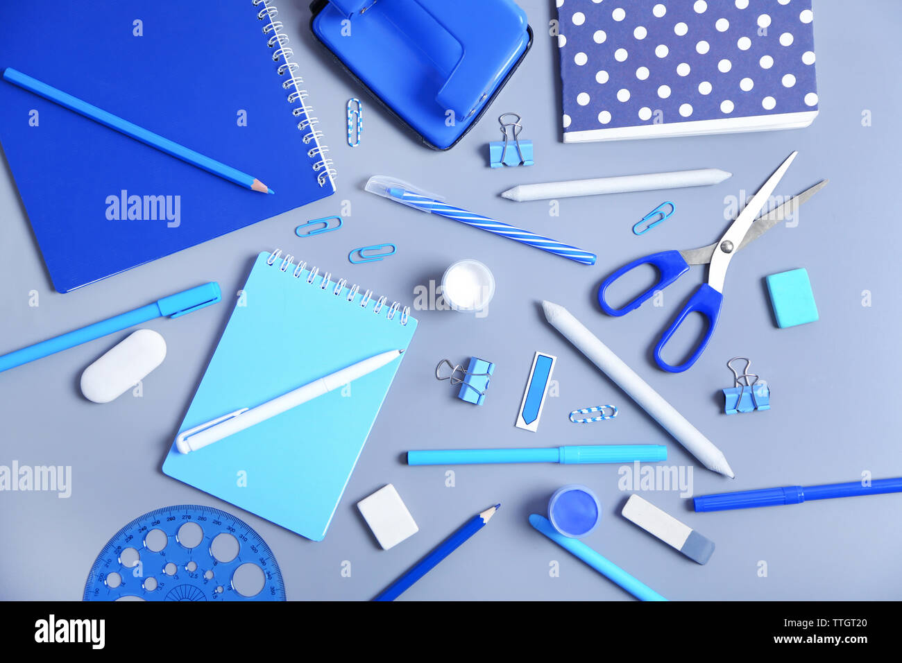 Set of stationery on grey table, top view Stock Photo - Alamy