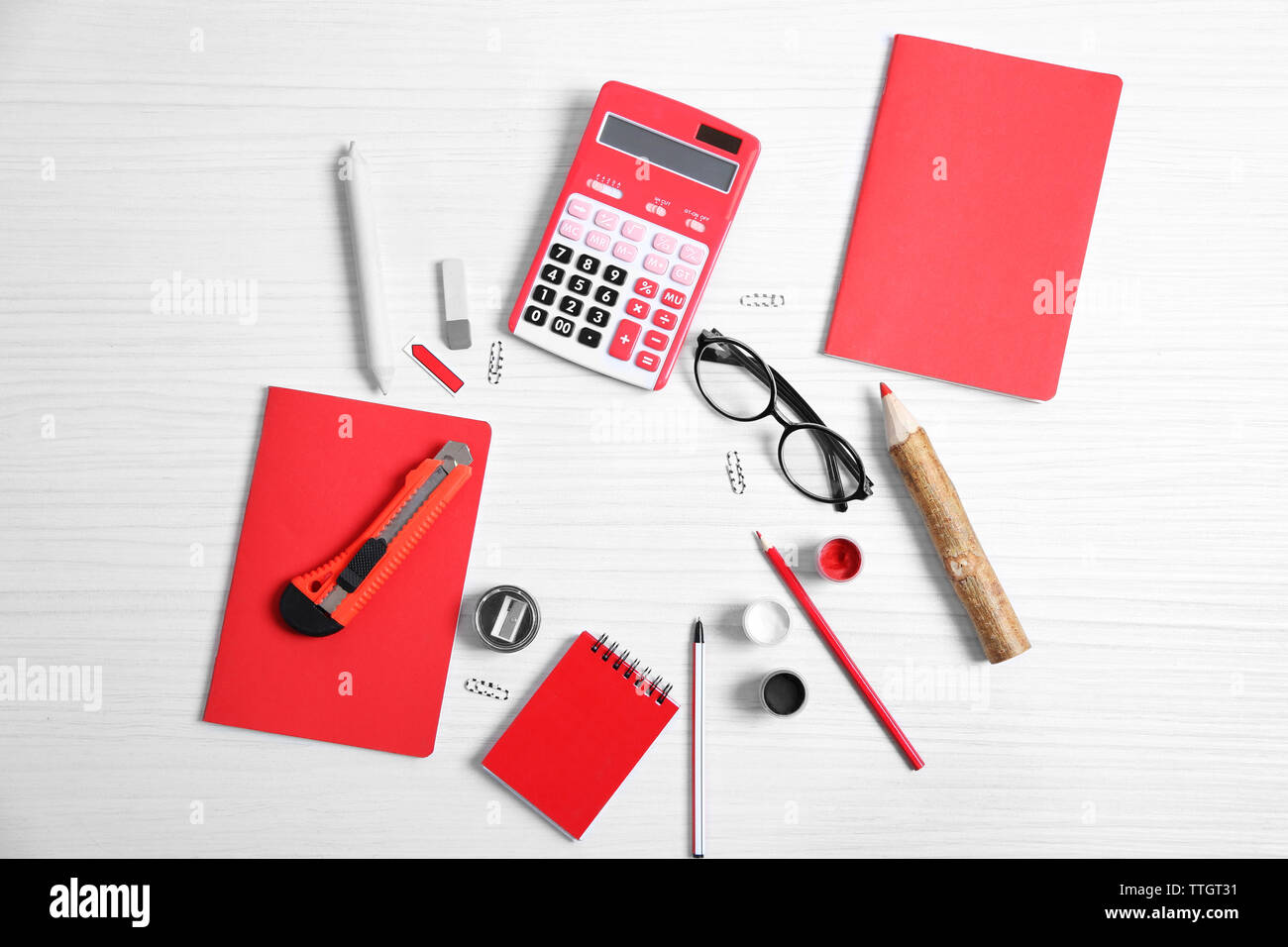 Set of stationery on white table, top view Stock Photo - Alamy