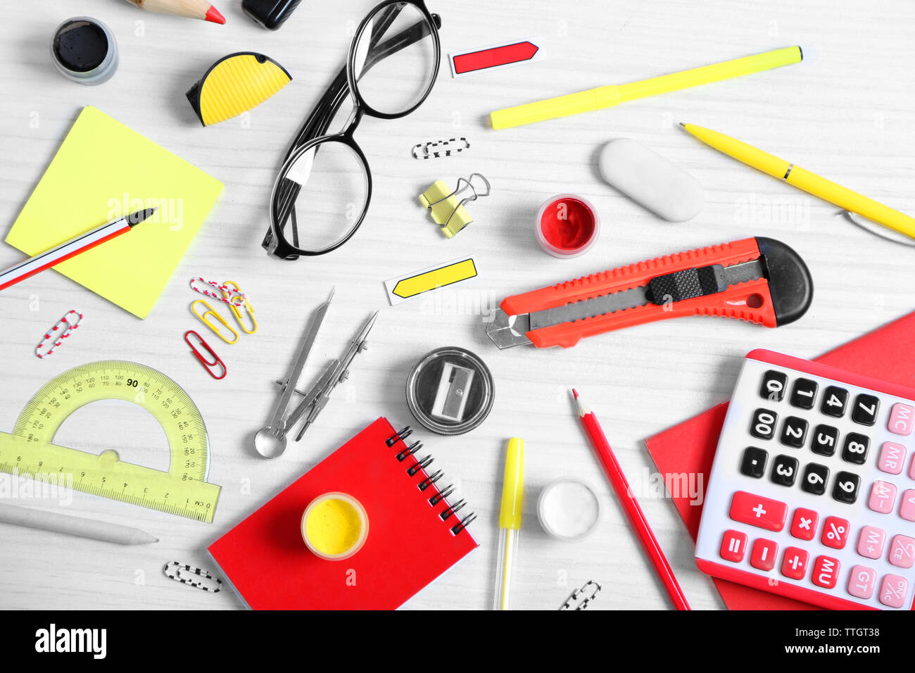 Set of stationery on white table, top view Stock Photo - Alamy