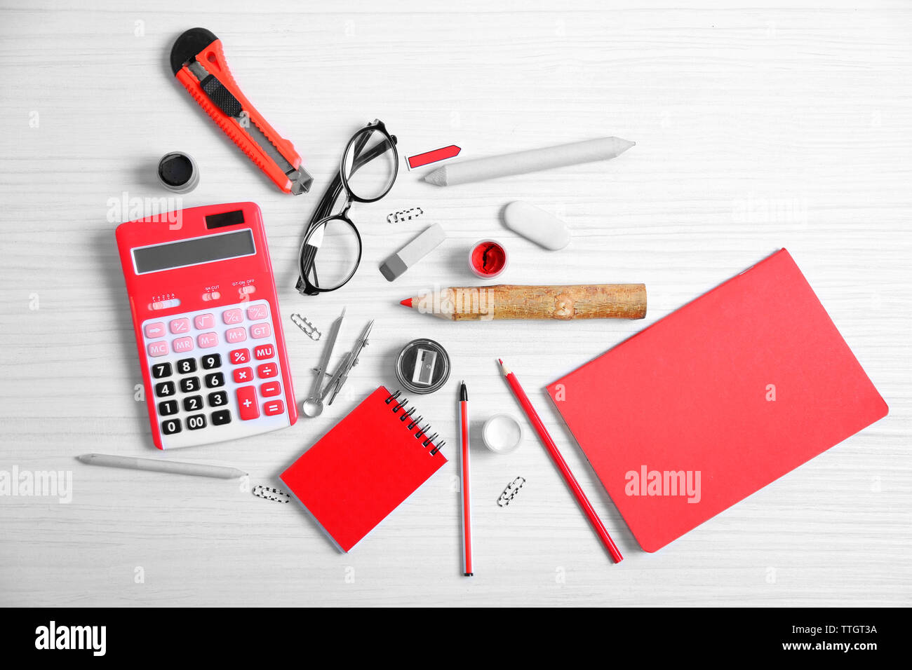 Set of stationery on white table, top view Stock Photo - Alamy