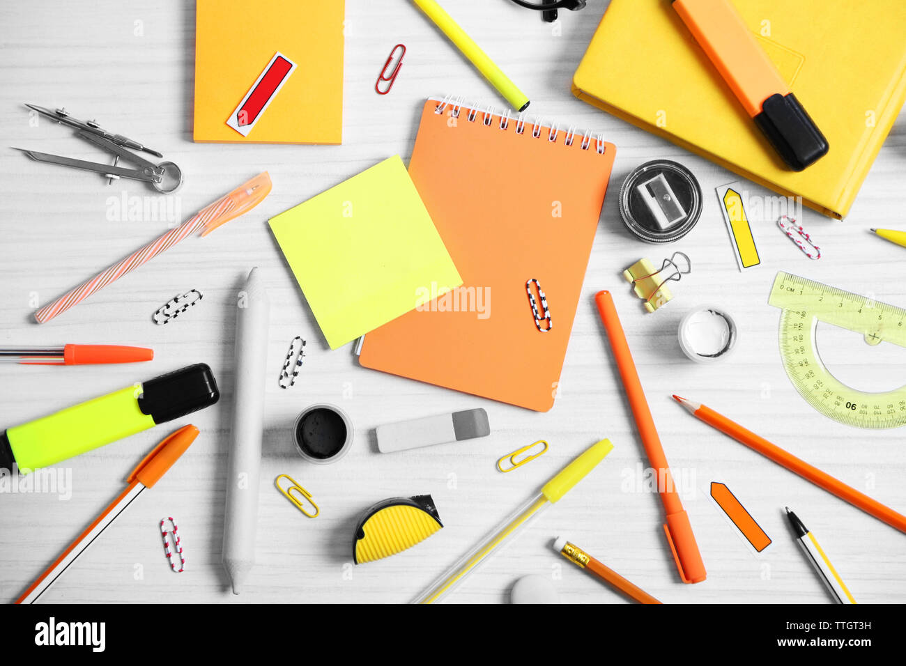 Set of stationery on white table, top view Stock Photo - Alamy