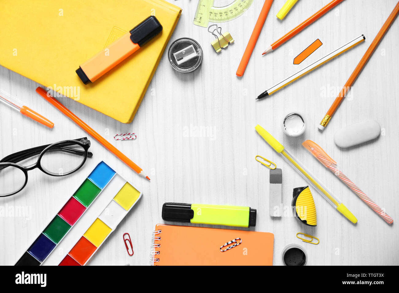 Set of stationery on white table, top view Stock Photo - Alamy