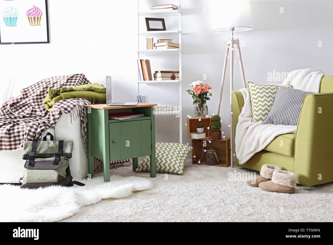 Interior of living room with armchair Stock Photo - Alamy