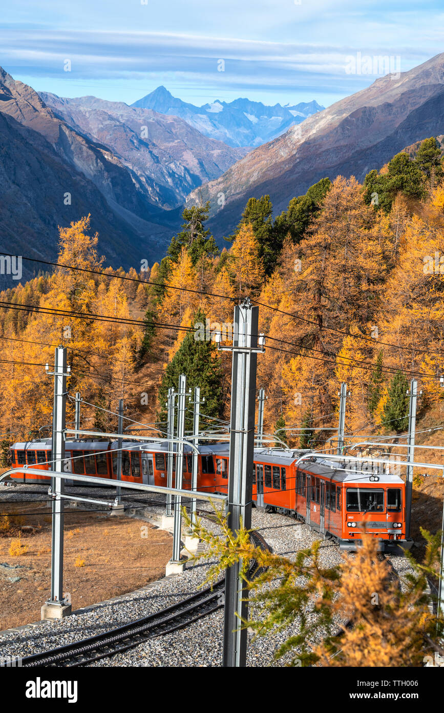 Gornergrat Bahn train during autumn, Zermatt, Switzerland Stock Photo ...