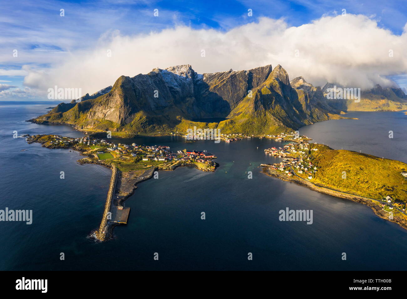 Aerial view of Reine town and Mount Reinebringen, Norway Stock Photo ...