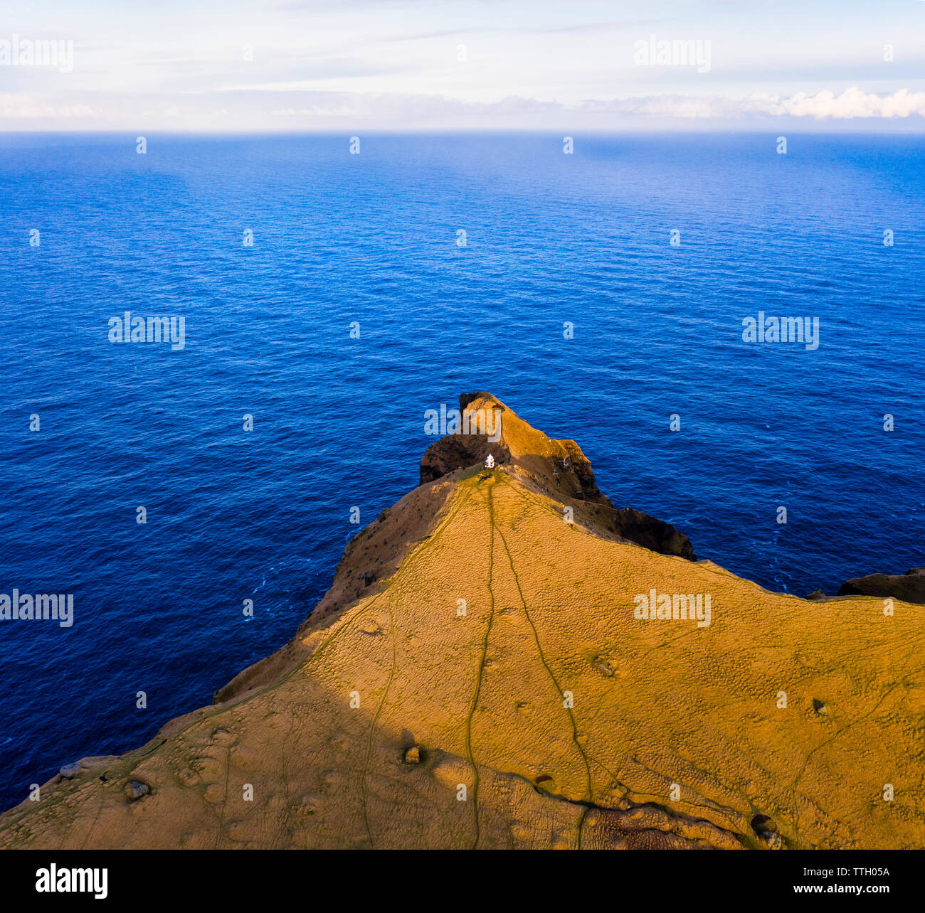 Aerial panoramic of Kallur lighthouse, Kalsoy, Faroe Islands Stock ...