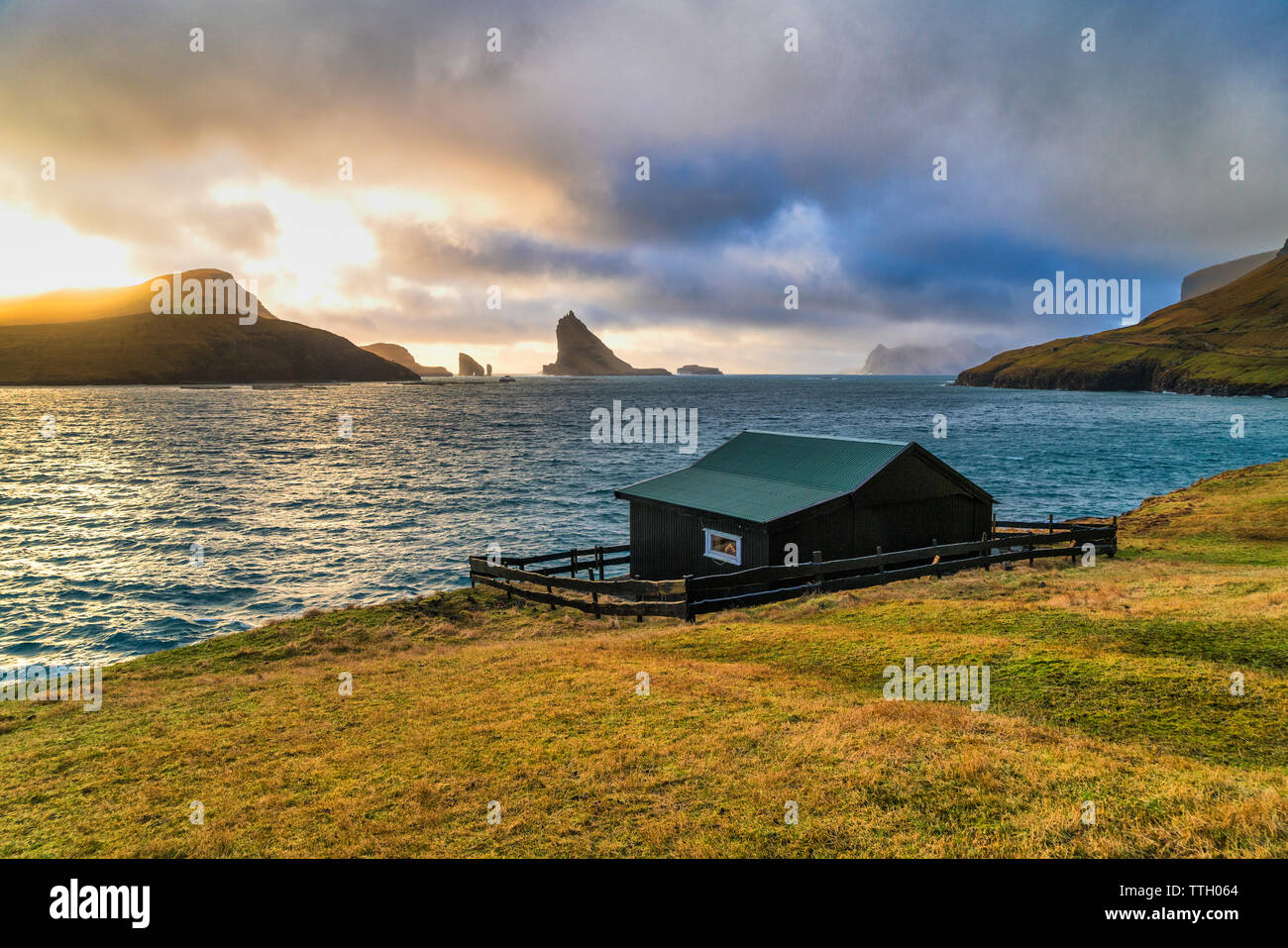 Traditional wood house sea front, Bour, Vagar, Faroe Islands Stock ...