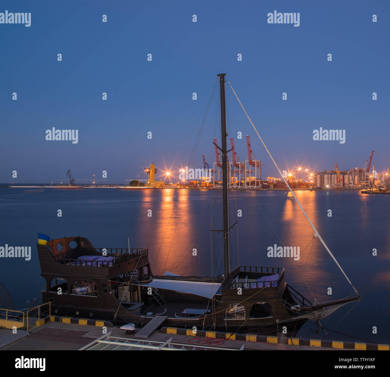 Panoramic view of sea port and cargo terminal from the side of the sea ...