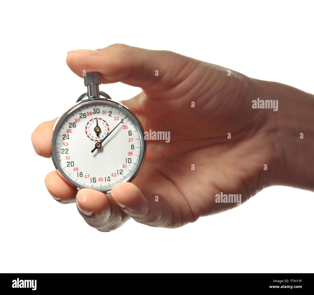 Stopwatch in hand isolated on white, close up Stock Photo - Alamy