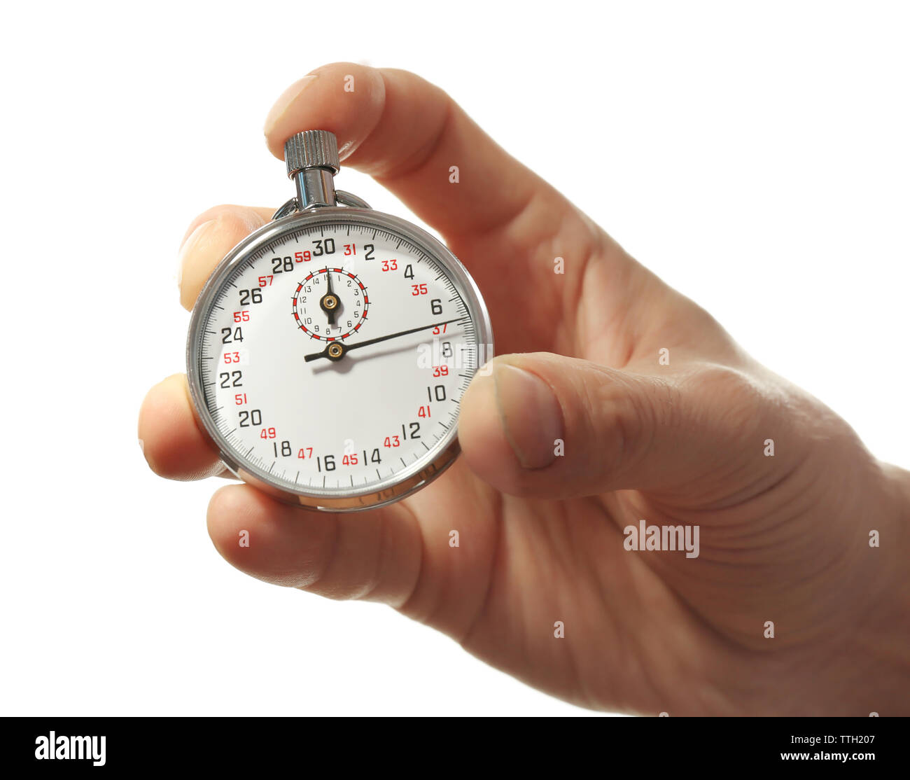 Stopwatch in hand isolated on white, close up Stock Photo - Alamy