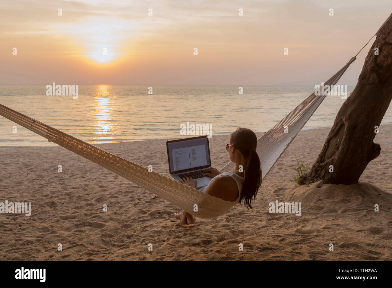 Person on computer on beach hi-res stock photography and images - Alamy