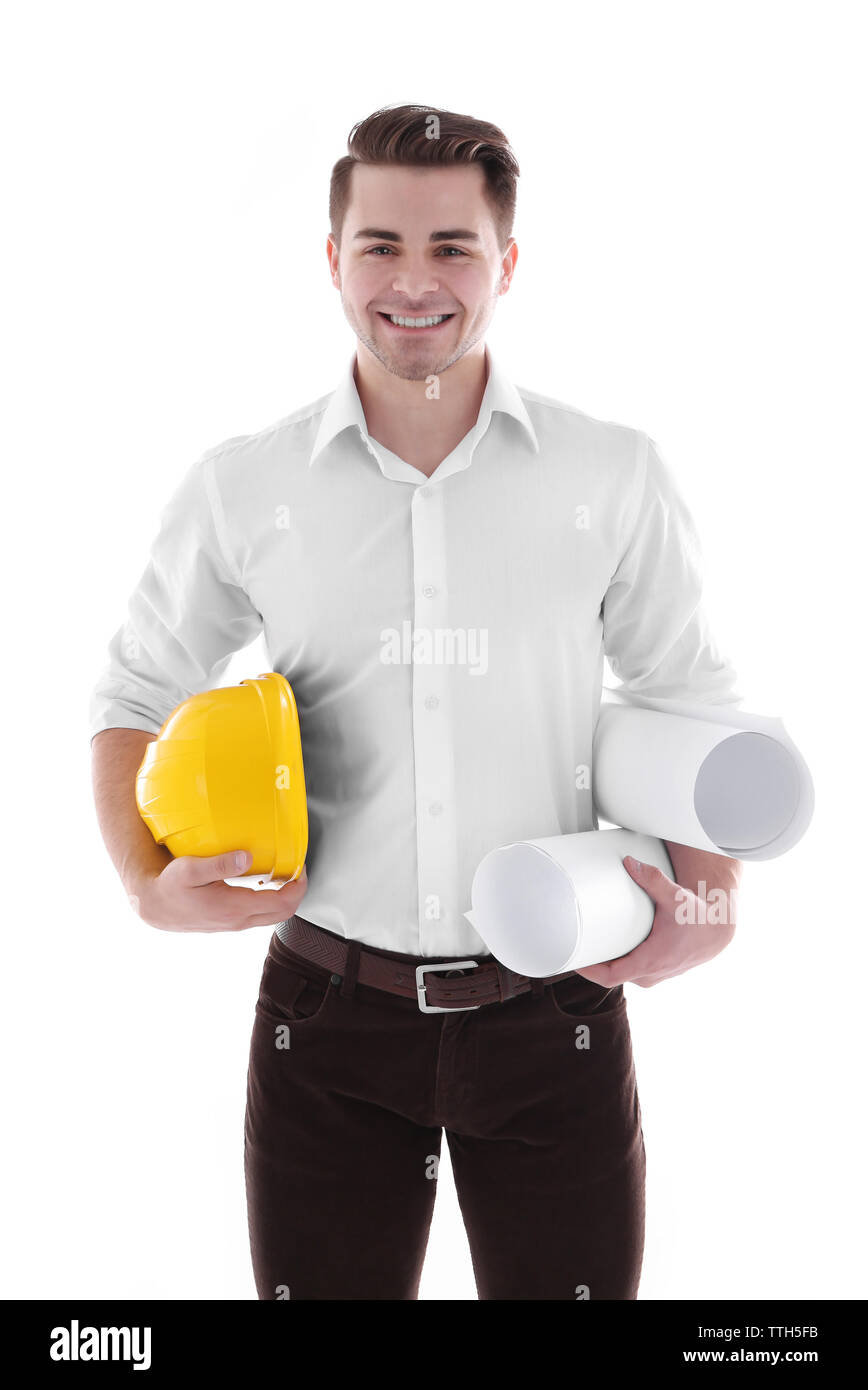 Architect man isolated on white Stock Photo - Alamy
