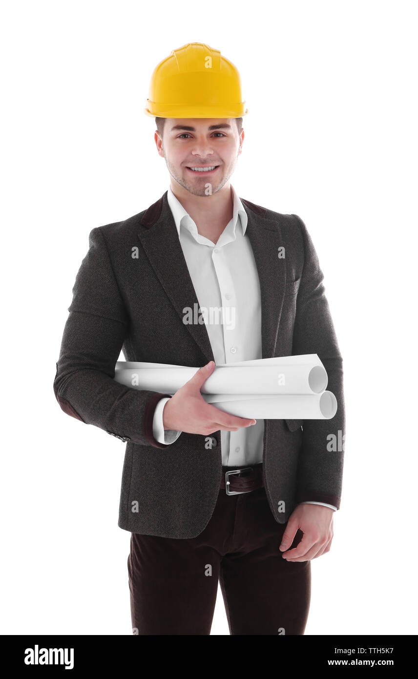 Architect man in hardhat isolated on white Stock Photo - Alamy
