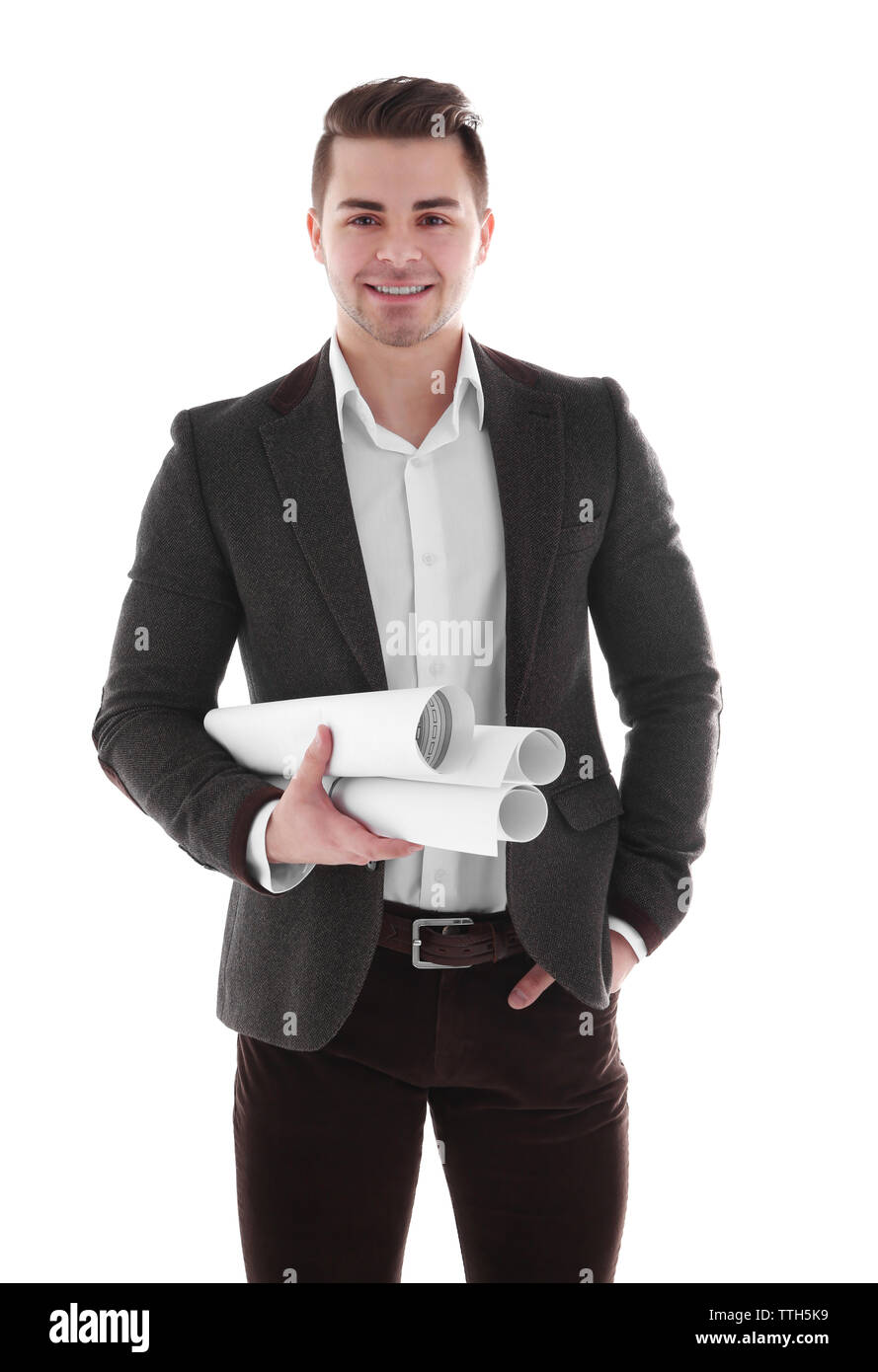 Architect man isolated on white Stock Photo - Alamy